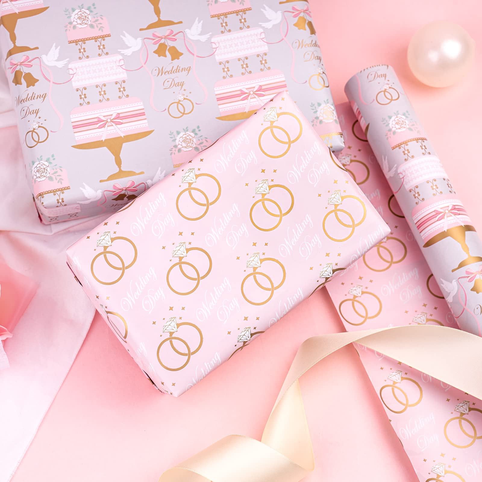 WRAPAHOLIC Reversible Wedding Wrapping Paper Roll - Mini Roll - 17 Inch X 33 Feet - Wedding Day Cake Floral and Ring Design, Perfect for Wedding, Bridal Shower