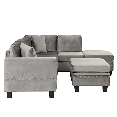 Eafurn L Shaped Sectional Reversible Chaise and Drop Down Table & Cupholders, Upholstery Corner Storage Ottoman, Tufted Convertible Sofa & Couch for Living Room Furniture Set, Gray 104.5"