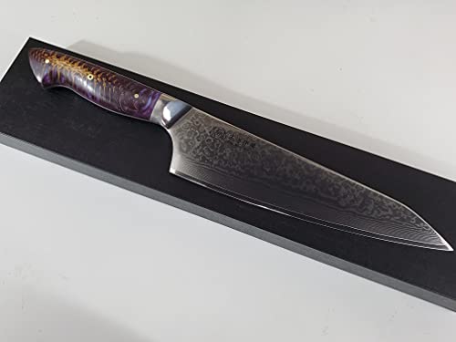 Custom VG10 Damascus chef knife Hybrid Santoku 9" White Silver cast pine cone handle, kitchen knife w/ 67 layer SS Damascus (Purple Cosmos)