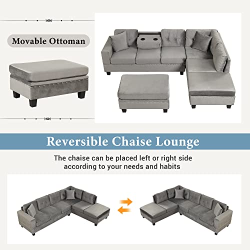 Eafurn L Shaped Sectional Reversible Chaise and Drop Down Table & Cupholders, Upholstery Corner Storage Ottoman, Tufted Convertible Sofa & Couch for Living Room Furniture Set, Gray 104.5"