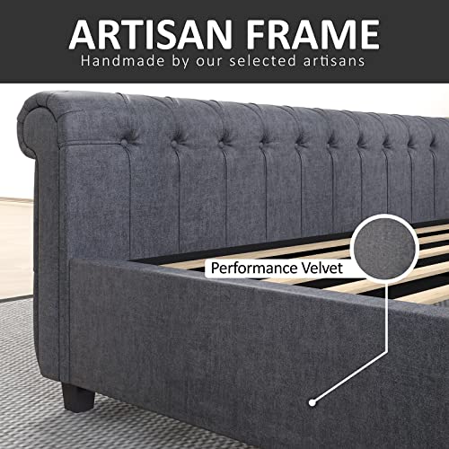 AMERLIFE Queen Size Platform Bed Frame, Velvet Upholstered Sleigh Bed with Scroll Wingback Headboard & Footboard/Button Tufted/No Box Spring Required/Grey