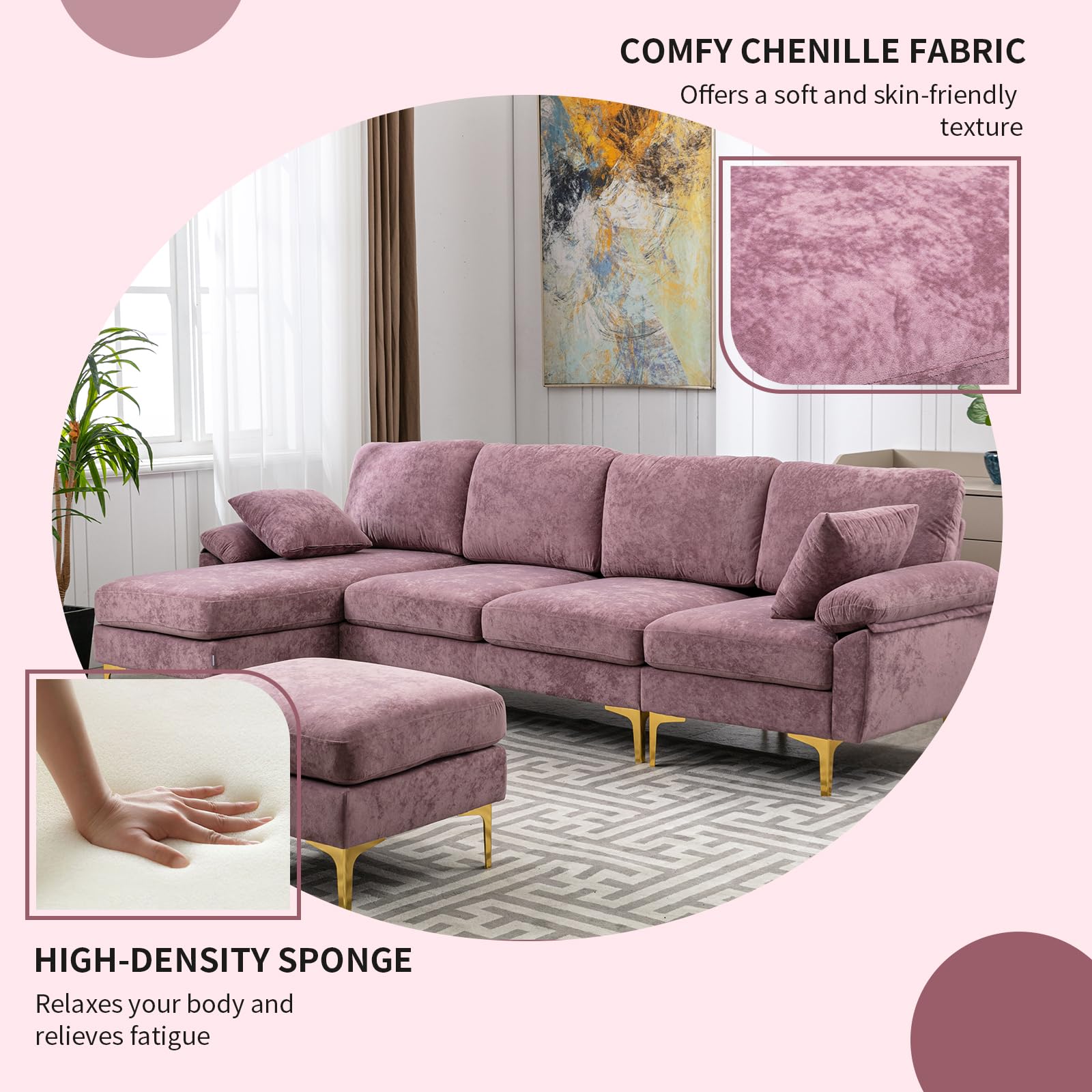 Sudwesto Modular Sectional Sofa, U Shape Chenille Upholstered Sofa Couch with Ottoman, 4 Seat Reversible Couch with Chaise Lounges, Convertible Sofa Set for Living Room (Purple)