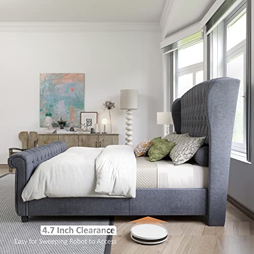 AMERLIFE Queen Size Platform Bed Frame, Velvet Upholstered Sleigh Bed with Scroll Wingback Headboard & Footboard/Button Tufted/No Box Spring Required/Grey