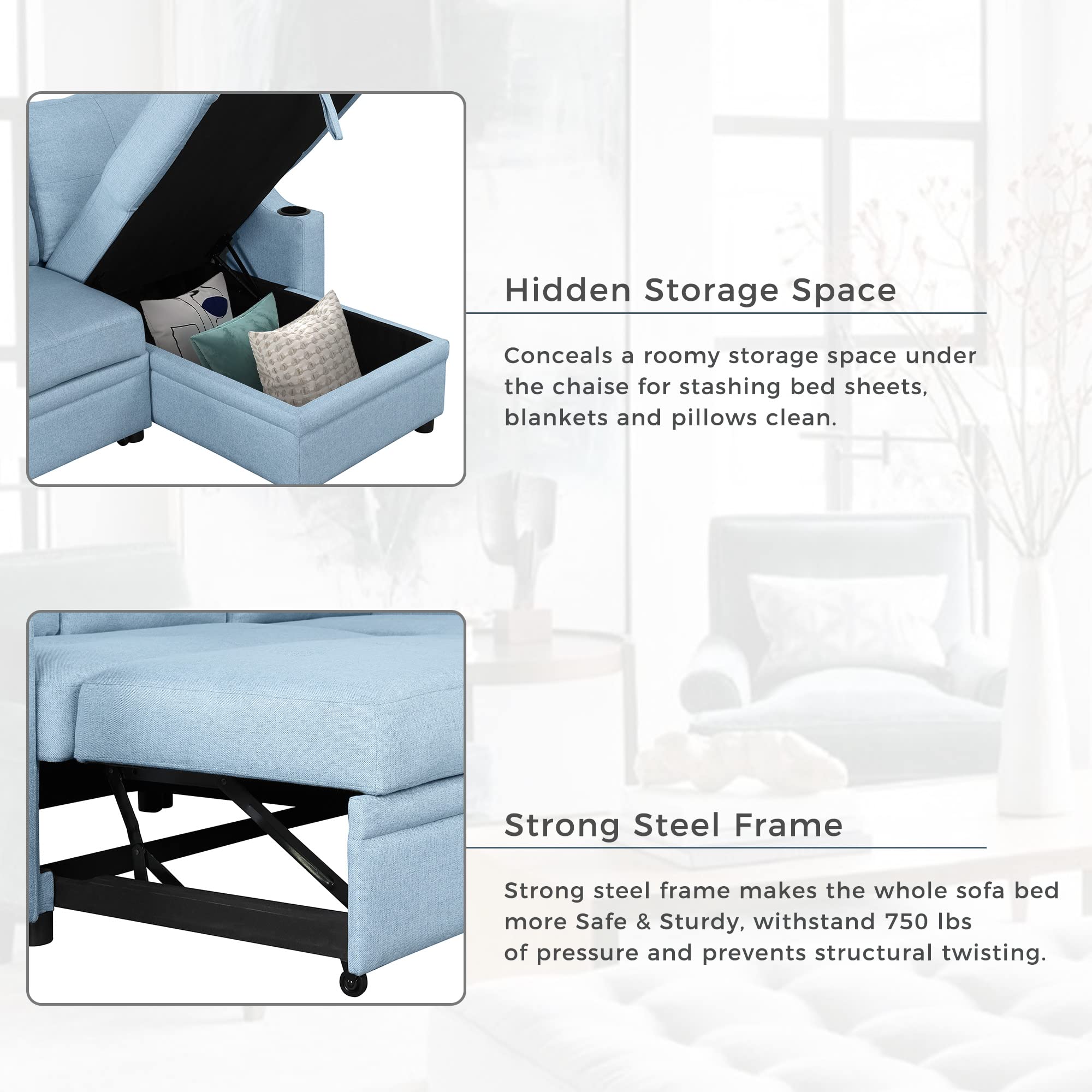 Reversible Pull-Out Sleeper Sectional Sofa Bed,Convertiable Padded Upholstery L-Shaped Corner Sofá Modular Futon Lounge Recliner Couch with Storage Chaise for Living Room Compact Space Furniture Set