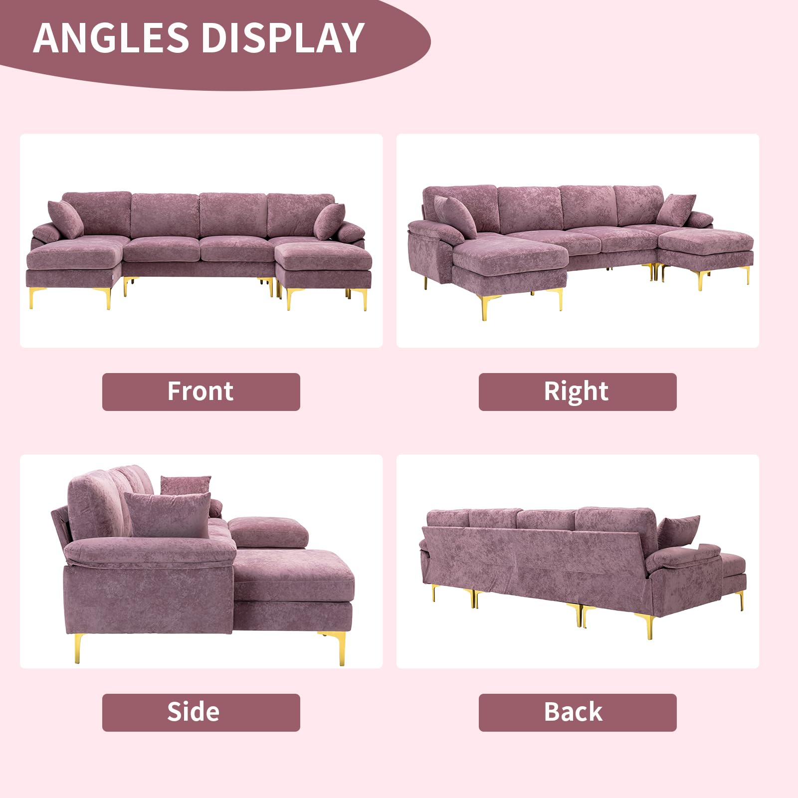 Sudwesto Modular Sectional Sofa, U Shape Chenille Upholstered Sofa Couch with Ottoman, 4 Seat Reversible Couch with Chaise Lounges, Convertible Sofa Set for Living Room (Purple)