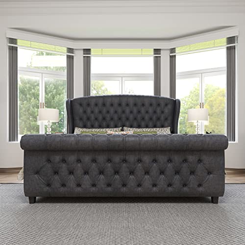 AMERLIFE Queen Size Platform Bed Frame, Velvet Upholstered Sleigh Bed with Scroll Wingback Headboard & Footboard/Button Tufted/No Box Spring Required/Grey