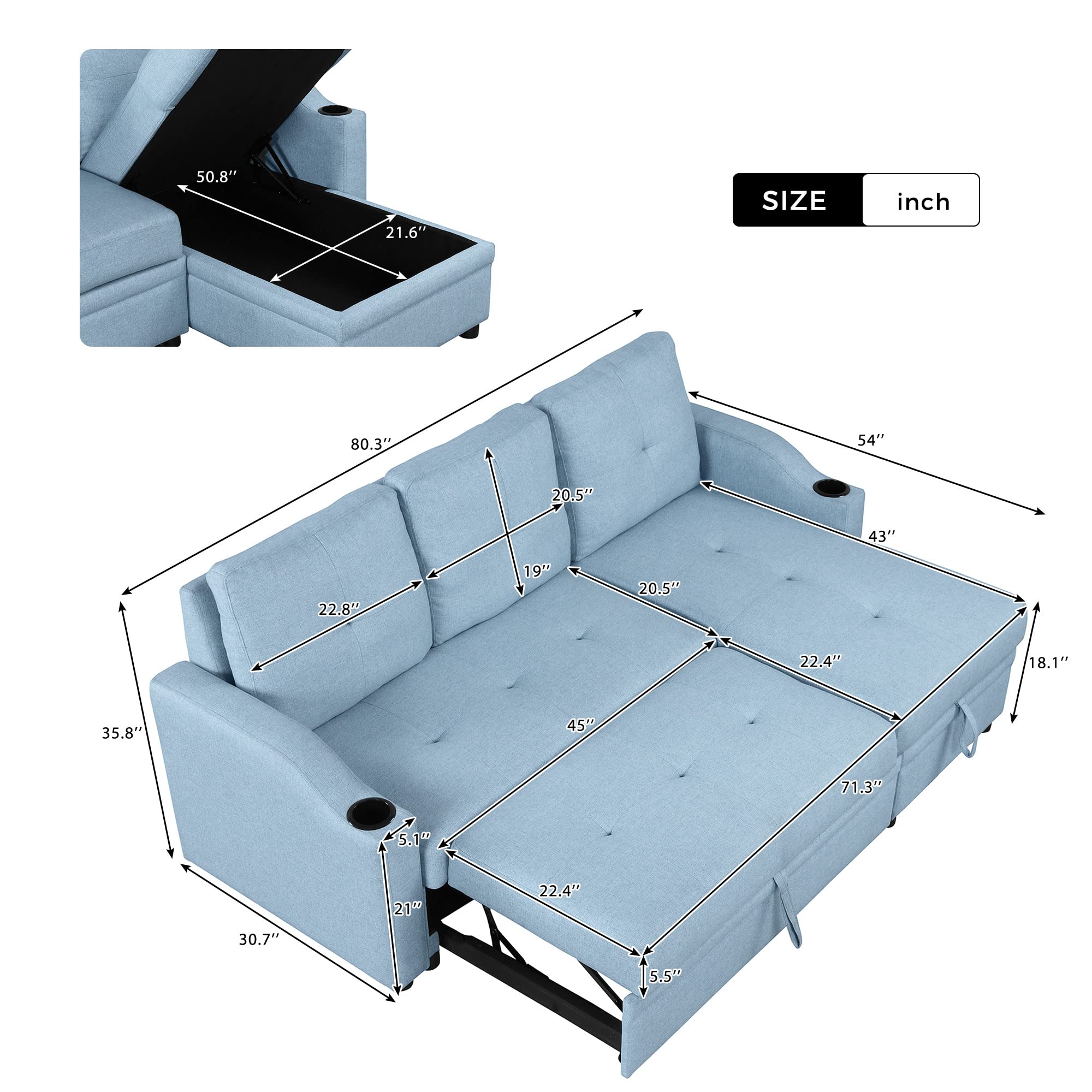 Reversible Pull-Out Sleeper Sectional Sofa Bed,Convertiable Padded Upholstery L-Shaped Corner Sofá Modular Futon Lounge Recliner Couch with Storage Chaise for Living Room Compact Space Furniture Set
