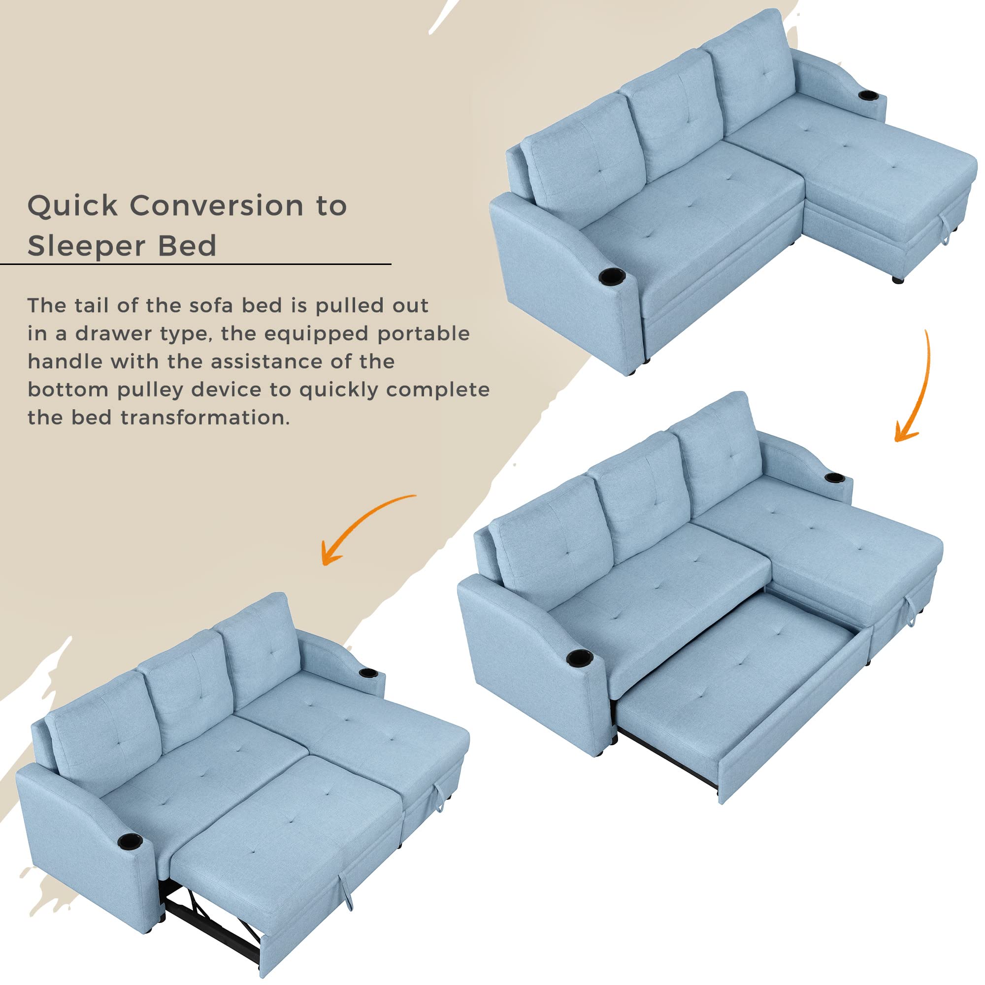 Reversible Pull-Out Sleeper Sectional Sofa Bed,Convertiable Padded Upholstery L-Shaped Corner Sofá Modular Futon Lounge Recliner Couch with Storage Chaise for Living Room Compact Space Furniture Set