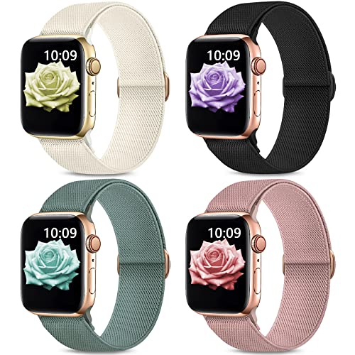 4 Pack Stretchy Nylon Bands Compatible with Apple Watch Band 38mm 40mm 41mm 42mm 44mm 45mm 49mm for Women Men, Elastic Solo Loop Adjustable Sport Braided Strap for iWatch Series 8 7 SE 6 5 4 3 2 1