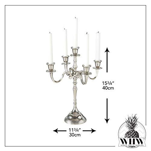 Hamptons Five Candle Candelabra, Silver Finish, Centerpiece, Hand Crafted of Cast Aluminum, Atelier Craft Surface Details, Over 1 FT High, (15.75 Inches)
