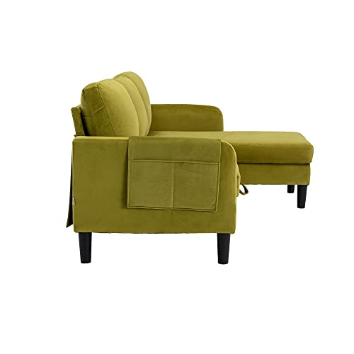 Verfur Convertible Sofa Sleeper Pull Out Bed, 3-Seater L-Shaped Couch with Storage Chaise and Side Pockets, Soft Upholstered Corner Sofa&Couches Sectional, Olive 72.44"