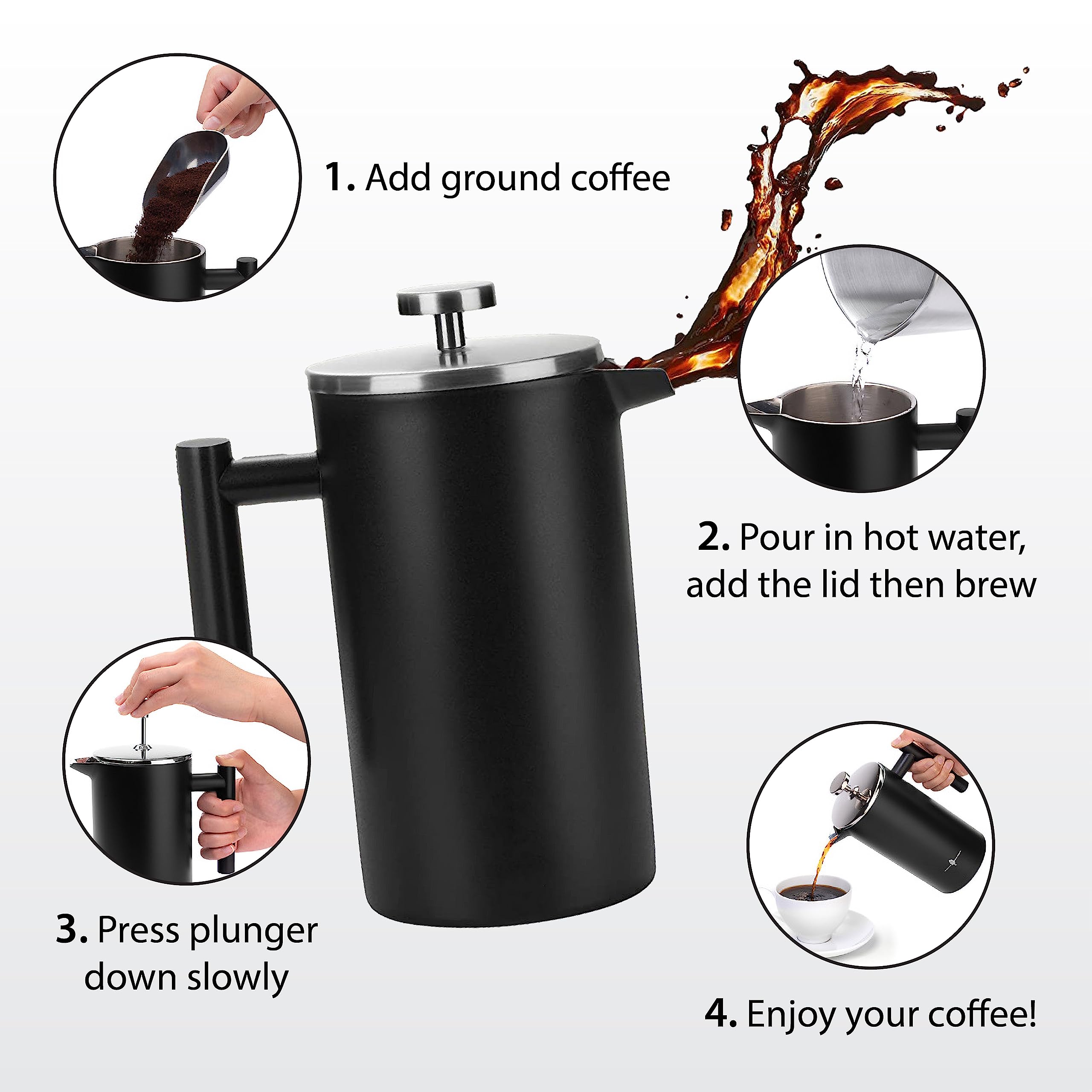 Redwood - Large French Press, 8 Cup Coffee Maker, Double Wall Construction, 3-Layer Stainless Steel Filter, Optimal Thermal Retention (Black) (34 oz)
