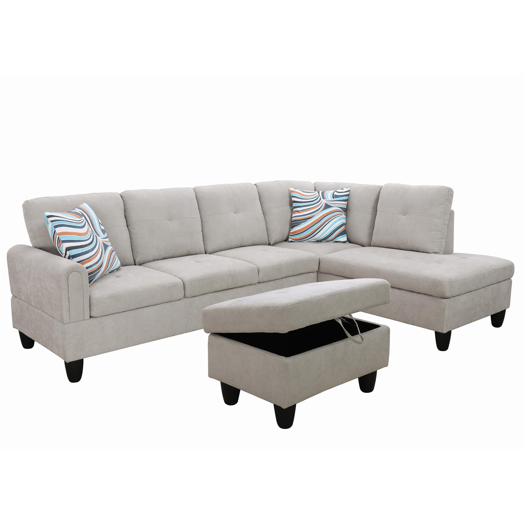 NOTOP Seater 3-Piece Corduroy L-Shaped Sectional Sofas, Button Tufted Upholstered Couch Set with Right Chaise Longue and Storage Ottoman, for Living Room, Home, Office, Grey White, 97