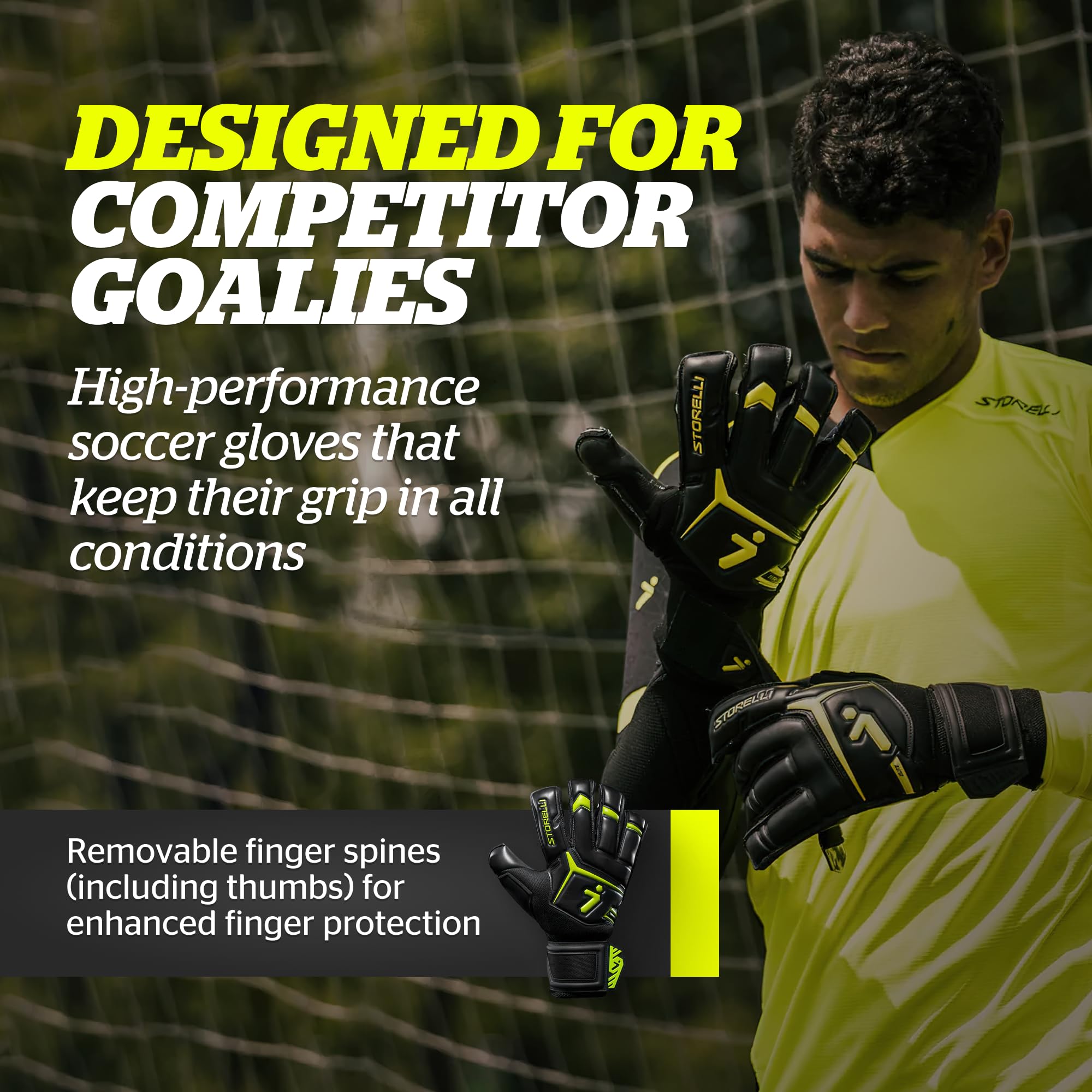 Storelli Gladiator Elite 3.0 Goalkeeper Gloves, Breathable High-Impact Hand Protection with 5 Removable Finger Spines, Premium Hand Grip for Soccer Goalies, 1 Pair, Black & Yellow, Size 9