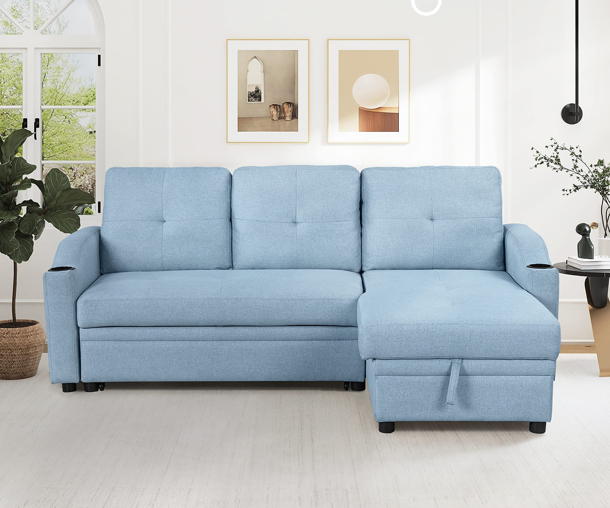 Reversible Pull-Out Sleeper Sectional Sofa Bed,Convertiable Padded Upholstery L-Shaped Corner Sofá Modular Futon Lounge Recliner Couch with Storage Chaise for Living Room Compact Space Furniture Set