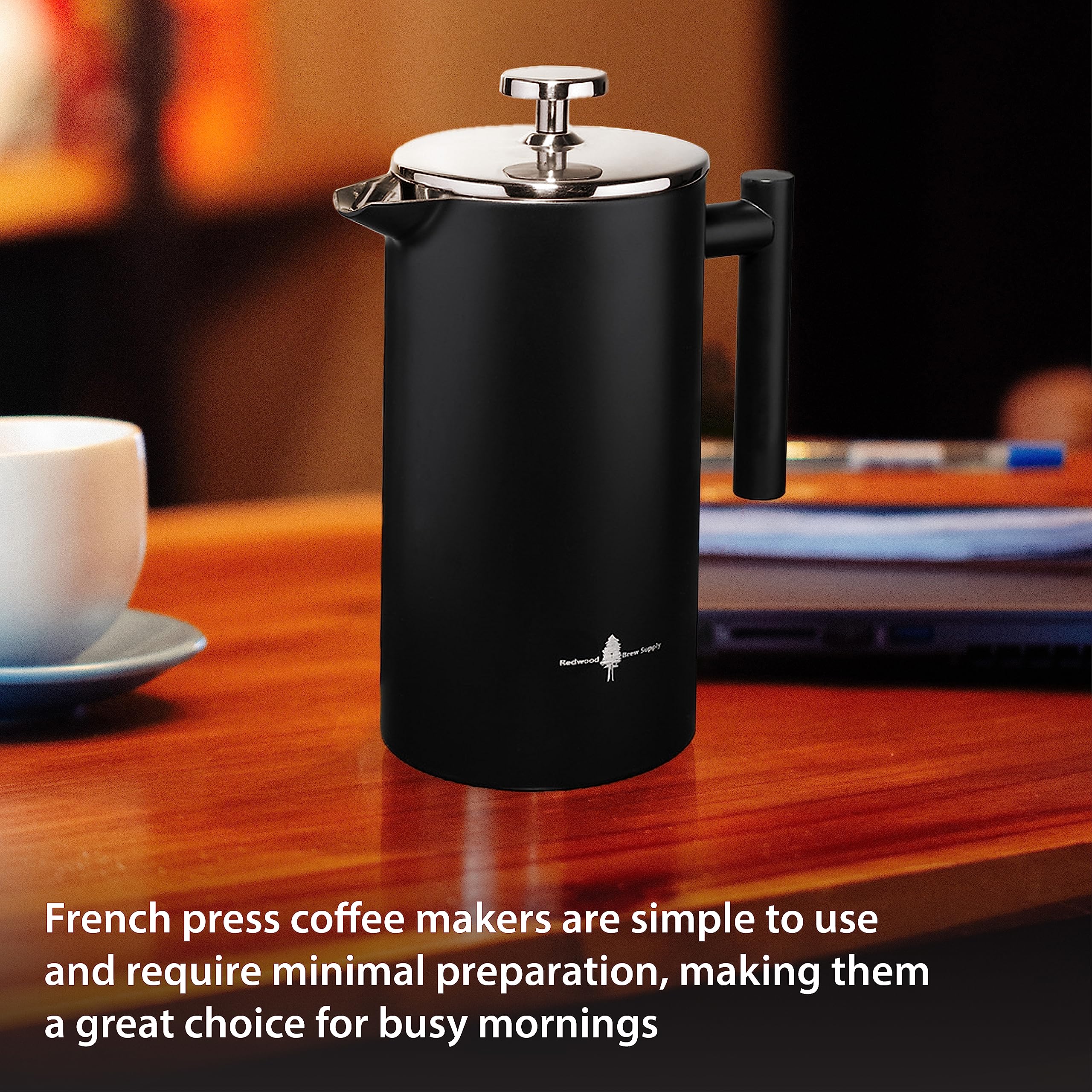 Redwood - Large French Press, 8 Cup Coffee Maker, Double Wall Construction, 3-Layer Stainless Steel Filter, Optimal Thermal Retention (Black) (34 oz)