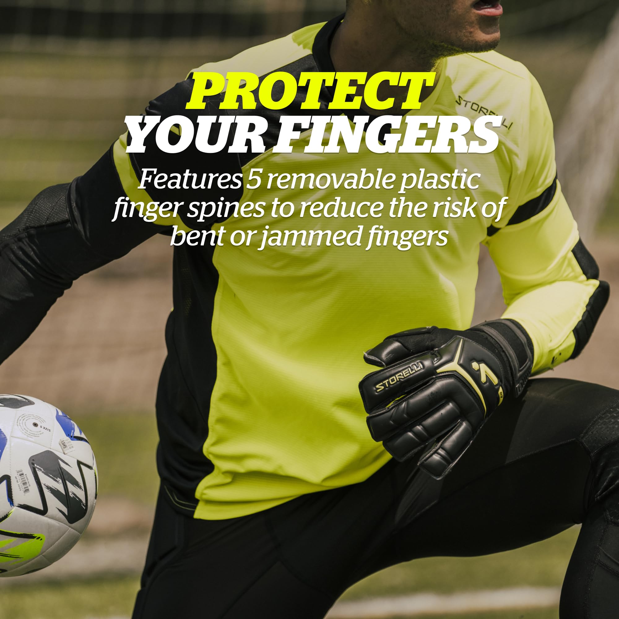 Storelli Gladiator Elite 3.0 Goalkeeper Gloves, Breathable High-Impact Hand Protection with 5 Removable Finger Spines, Premium Hand Grip for Soccer Goalies, 1 Pair, Black & Yellow, Size 9