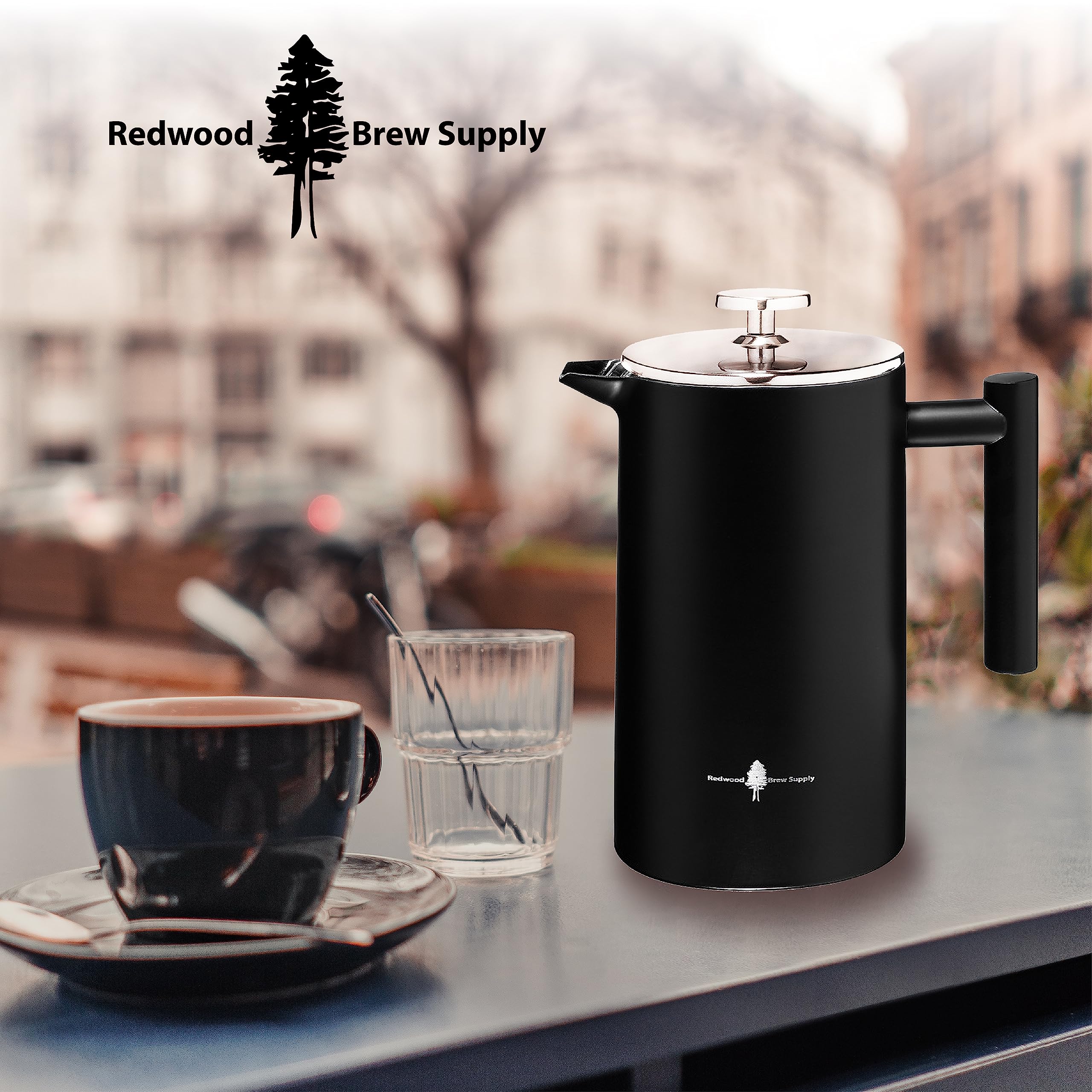 Redwood - Large French Press, 8 Cup Coffee Maker, Double Wall Construction, 3-Layer Stainless Steel Filter, Optimal Thermal Retention (Black) (34 oz)