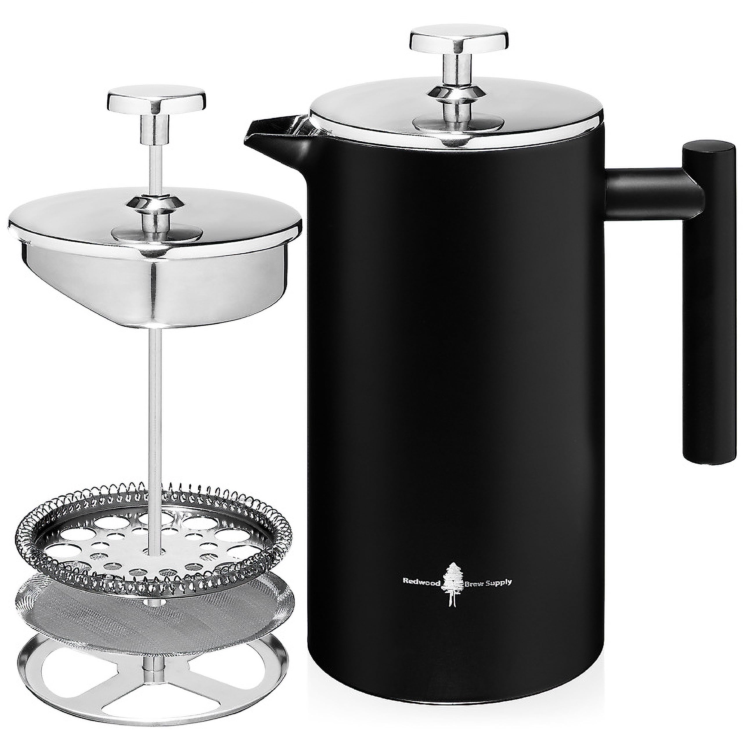 Redwood - Large French Press, 8 Cup Coffee Maker, Double Wall Construction, 3-Layer Stainless Steel Filter, Optimal Thermal Retention (Black) (34 oz)