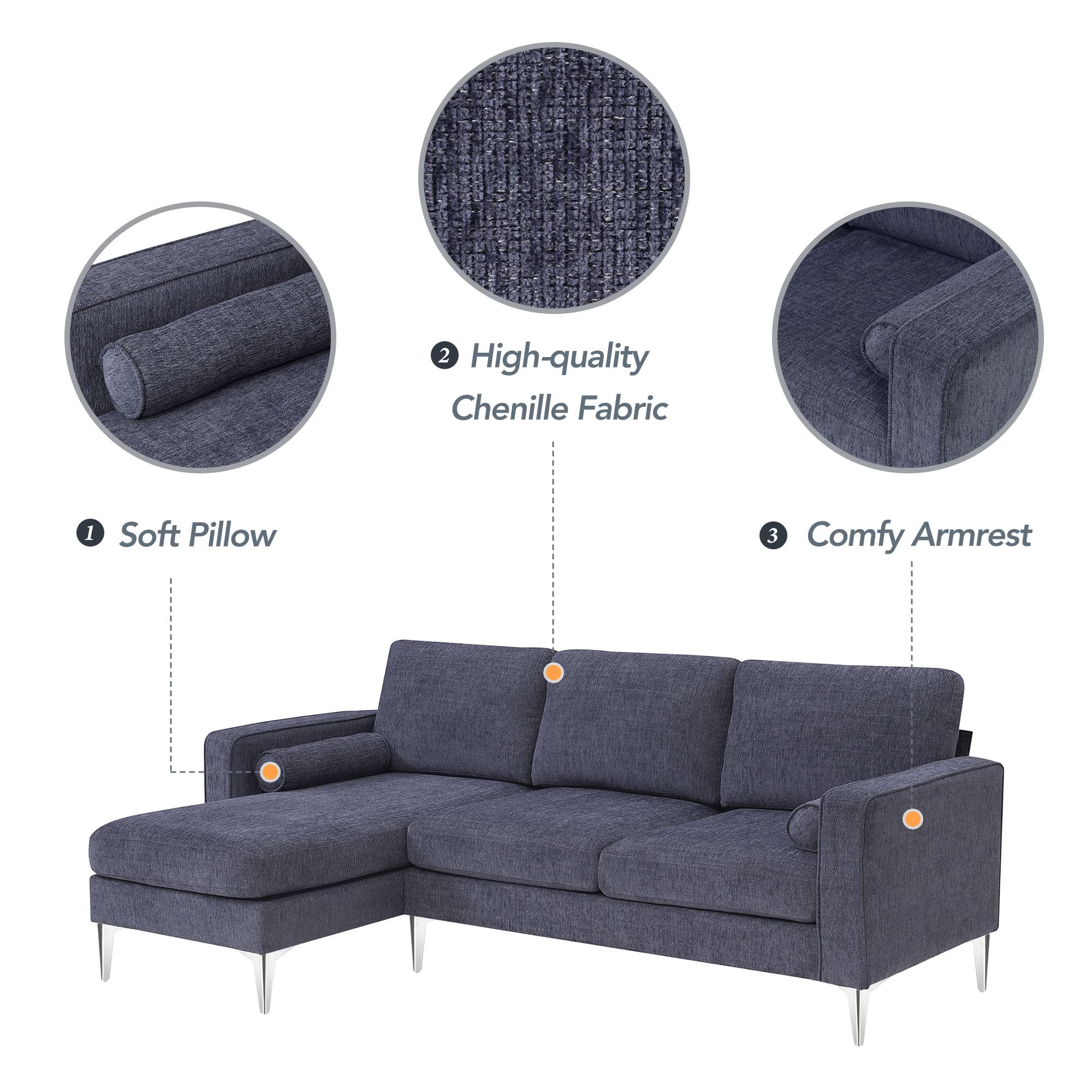 LCH L-Shaped Sectional Sofa with Reversible Chaise Lounge, 3-Seat Convertible Couch w/ 2 Pillows and Metal Legs, 86 inch, Perfect for Living Room, Apartment, Small Space, Blue