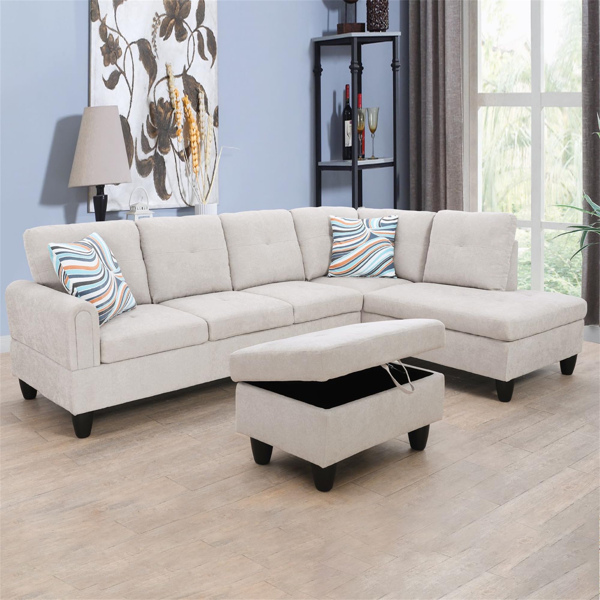 NOTOP Seater 3-Piece Corduroy L-Shaped Sectional Sofas, Button Tufted Upholstered Couch Set with Right Chaise Longue and Storage Ottoman, for Living Room, Home, Office, Grey White, 97