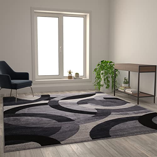 Flash Furniture Harken Collection 8' x 10' Geometric Area Rug - Black and Gray Olefin Facing - Jute Backing - Living Room or Bedroom