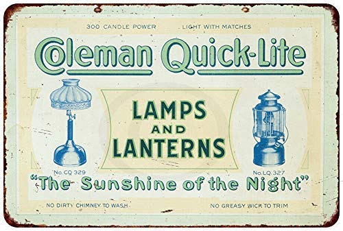 NINGFEI Metal Signs Vintage Coleman Lamps Lantern Quick-Lite Tin Sign 8 x 12 for Garage Basement Yard Man Cave Bar Novelty Wall Decor Decorative Sign, 8x12 inches