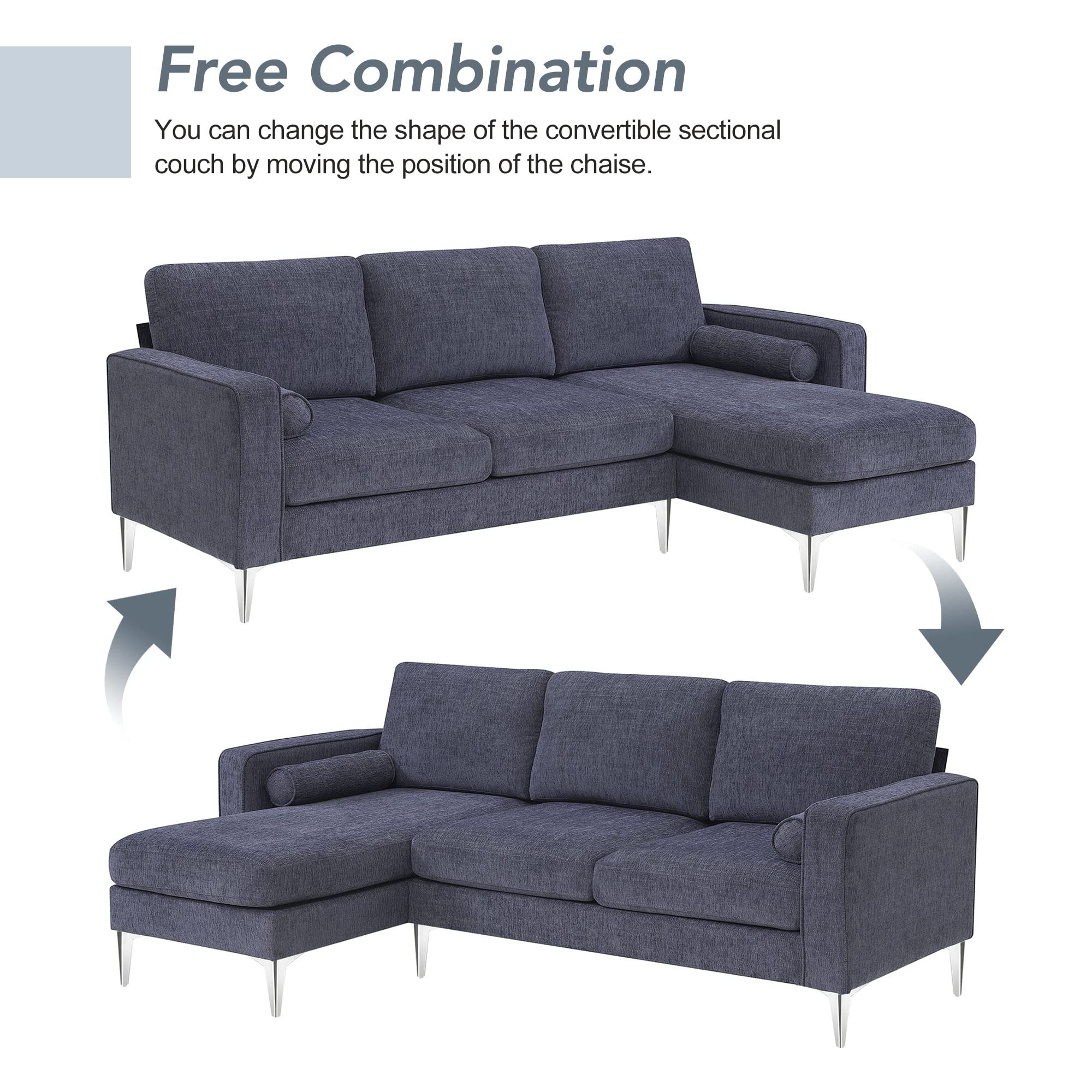 LCH L-Shaped Sectional Sofa with Reversible Chaise Lounge, 3-Seat Convertible Couch w/ 2 Pillows and Metal Legs, 86 inch, Perfect for Living Room, Apartment, Small Space, Blue