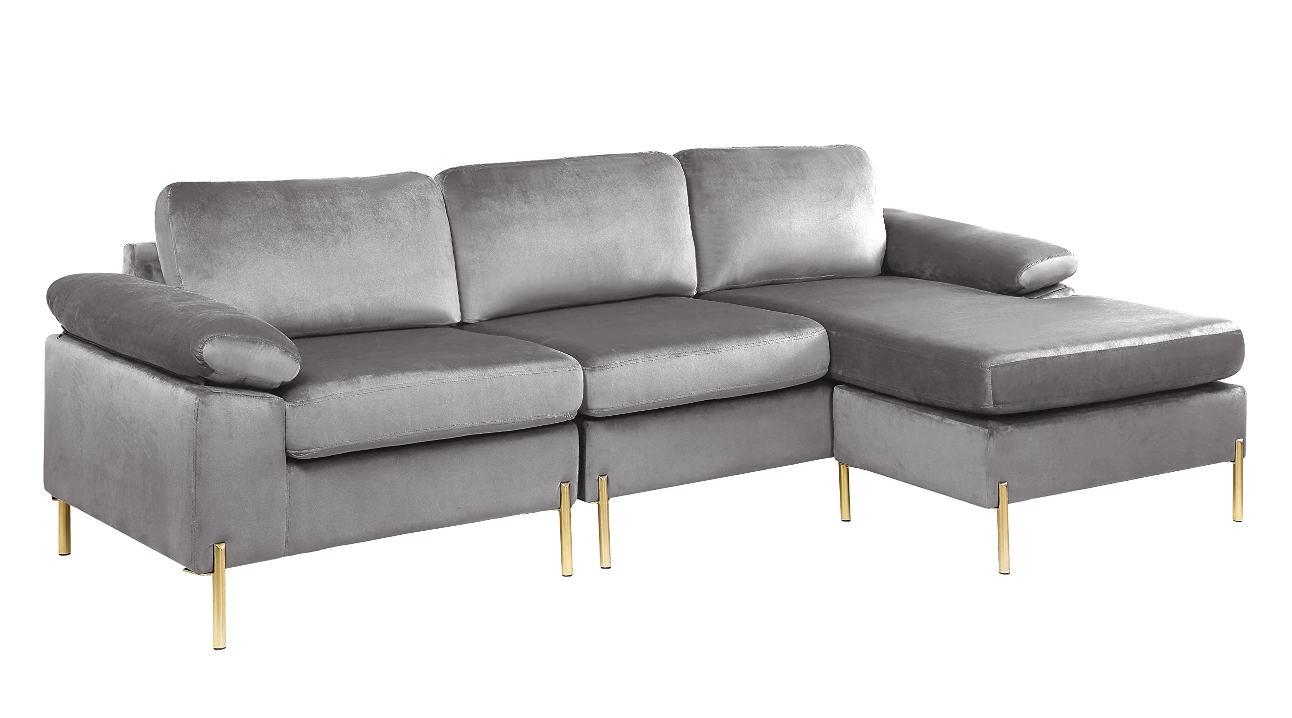 GINGVAT Velvet Upholstered Sectional Sofa, L-Shaped Chaise with Removable Back and Seat Cushions, Modern Style, Gray