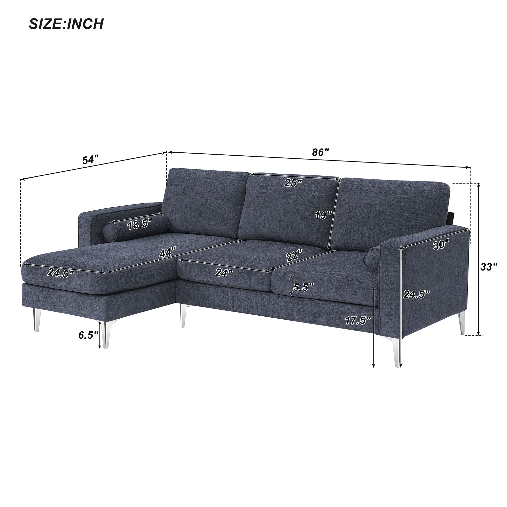 LCH L-Shaped Sectional Sofa with Reversible Chaise Lounge, 3-Seat Convertible Couch w/ 2 Pillows and Metal Legs, 86 inch, Perfect for Living Room, Apartment, Small Space, Blue