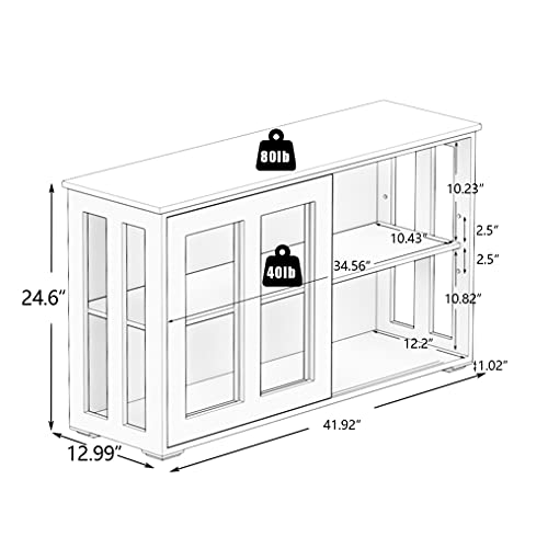 RASOO Kitchen Storage Cabinet Antique Stackable Black Buffet Storage Sideboard Adjustable Shelf Inside Credenza Cupboard with Transparent Glass Sliding Door (White)