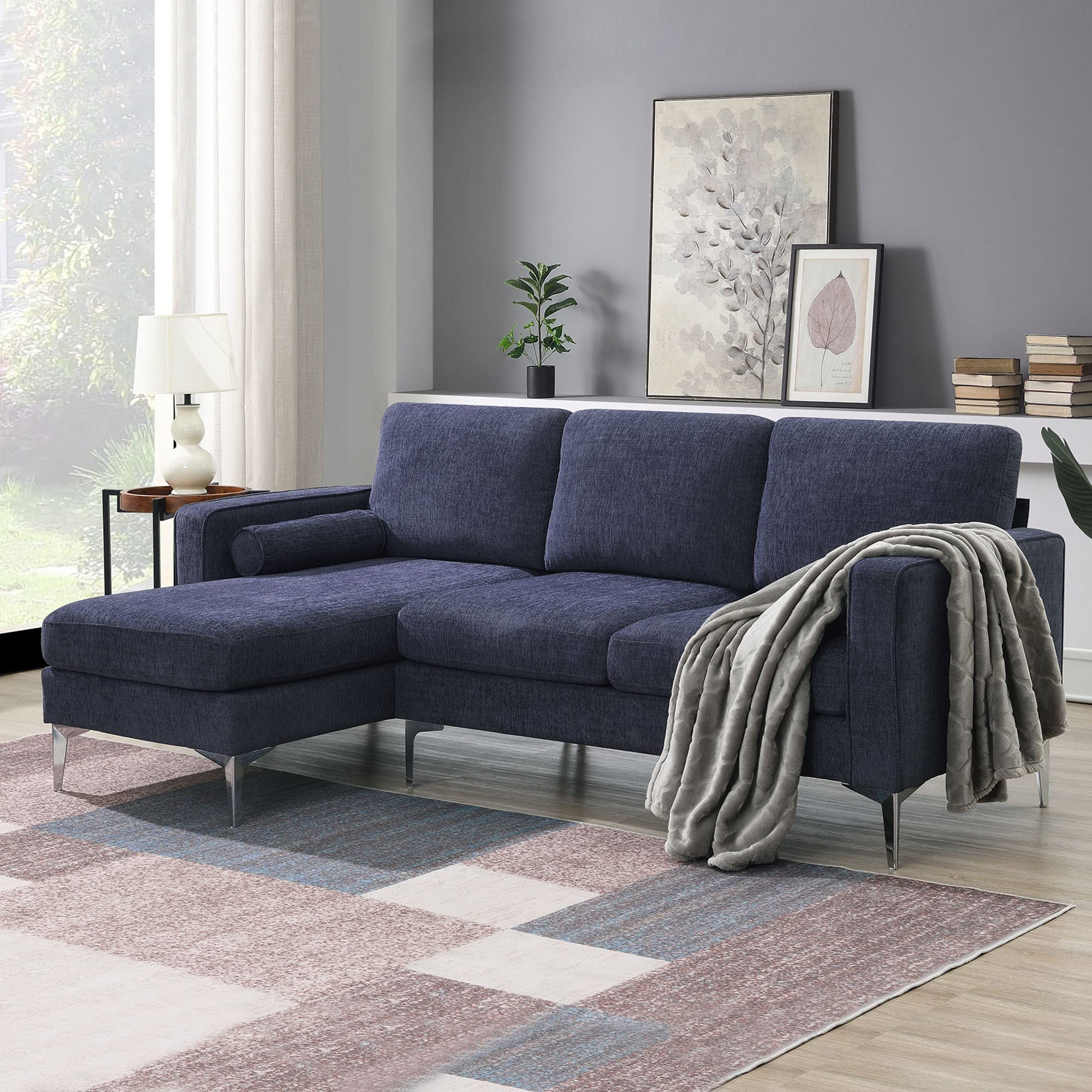 LCH L-Shaped Sectional Sofa with Reversible Chaise Lounge, 3-Seat Convertible Couch w/ 2 Pillows and Metal Legs, 86 inch, Perfect for Living Room, Apartment, Small Space, Blue