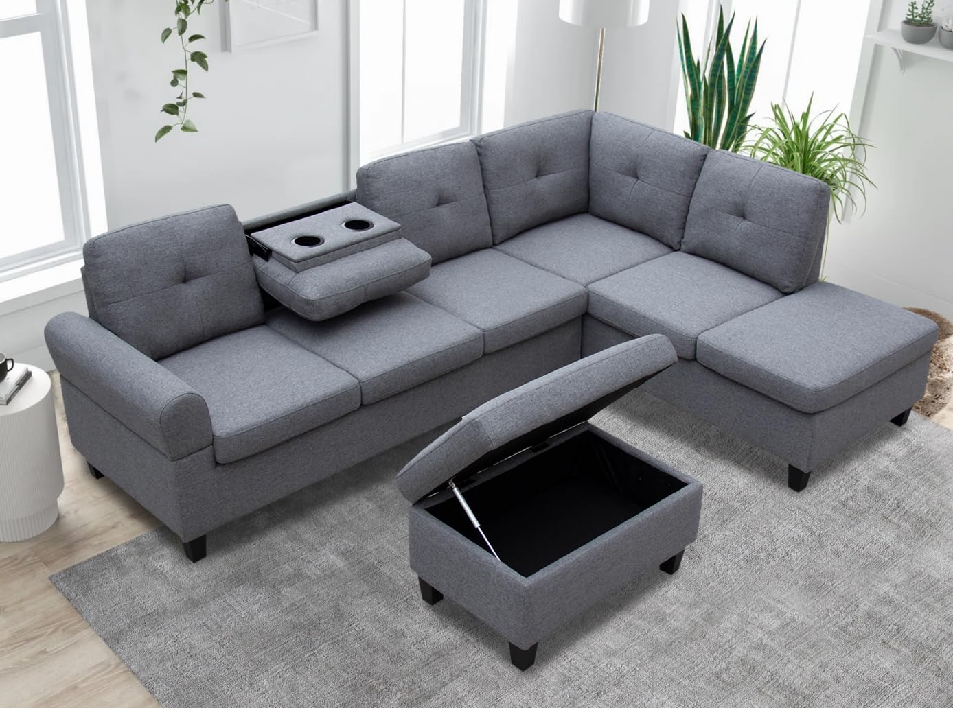 DHHU Sectional Sofa, L-Shaped Couch with 2 Cup Holder, Modular Sofá with Extra Wide Chaise Lounge, Living Room Furniture Sets with Storage Ottoman for Home Office, Apartment