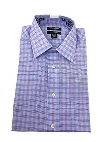 Kirkland Signature Men's Non Iron Button Down Dress Shirt (Pink Blue Plaid, 19-36/37)