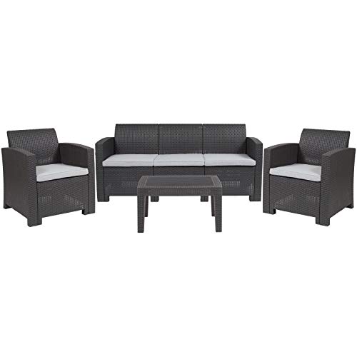 Flash Furniture 4 Piece Outdoor Faux Rattan Chair, Sofa and Table Set in Dark Gray, 30 x 67.5 x 27