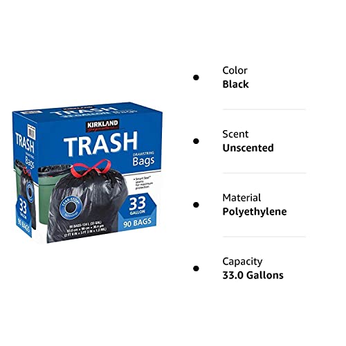 Kirkland Signature Carton is 100% recyclable 33 Gallon Black Drawstring Trash Bag 90 Count,Tear-Stop Technology