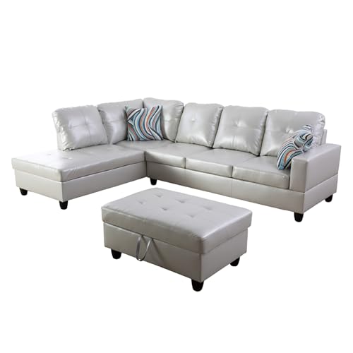 NOTOP 3-Piece Faux Leather L-Shaped Sectional Sofas, Button Tufted Upholstered Couch Set with Left Chaise Longue and Storage Ottoman, for Living Room, Home, Office, Powder