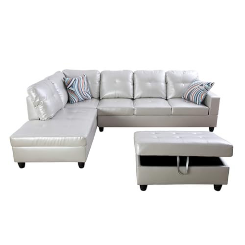 NOTOP 3-Piece Faux Leather L-Shaped Sectional Sofas, Button Tufted Upholstered Couch Set with Left Chaise Longue and Storage Ottoman, for Living Room, Home, Office, Powder