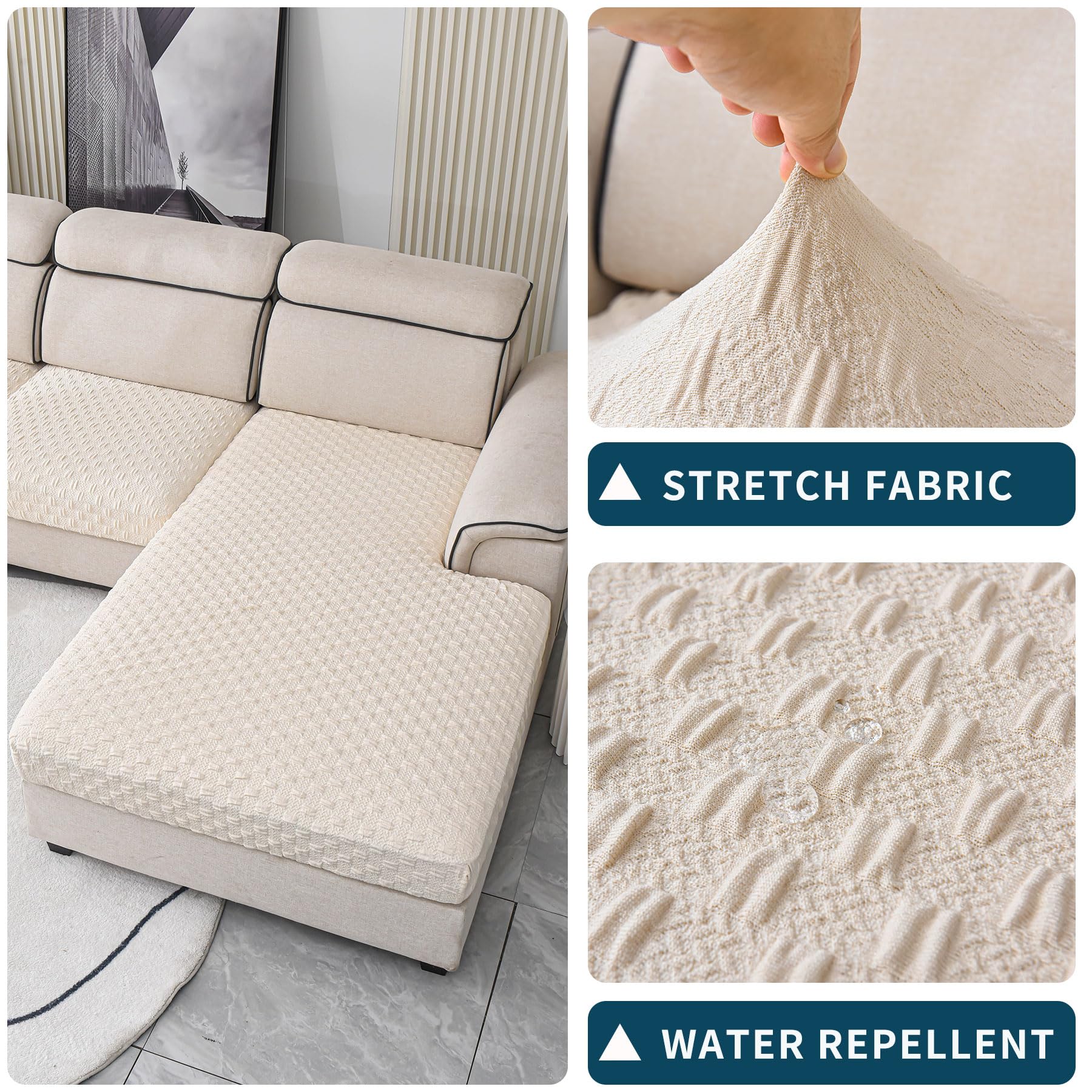 LUFEIJIASHI Sectional Couch Covers L Shape Couch Cushion Covers for Sectional Sofa,Stretch Sectional Sofa Covers Furniture Protector for Pets Dogs 3 Piece (Beige, 2 Seater + 1 Chaise)