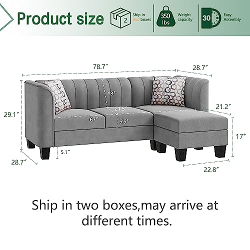 Shintenchi Upgraded Convertible Sectional Sofa Couch, 3 Seat L Shaped Sofa with High Armrest Linen Fabric Small Couch for Living Room, Apartment and Office (Grey)