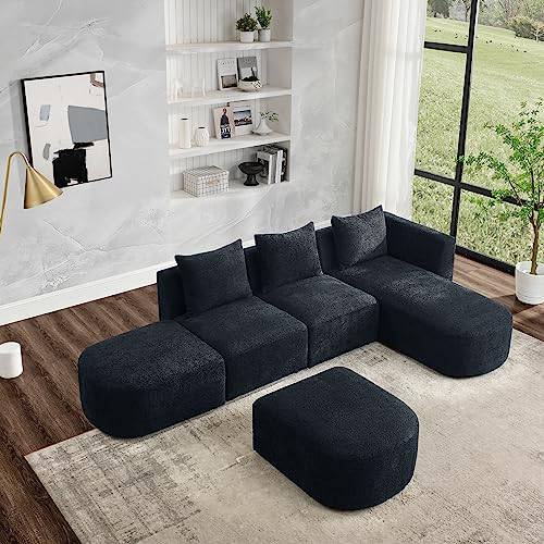 L-Shaped Stylish Comfy Sectional Sofa Couch with 2 Single Seats, Right Chaise and Movable Ottomans, Modern DIY Combination Convertible Modular Sofa & Couch Cloud Deep Seater Cozy Sofá for Living Room