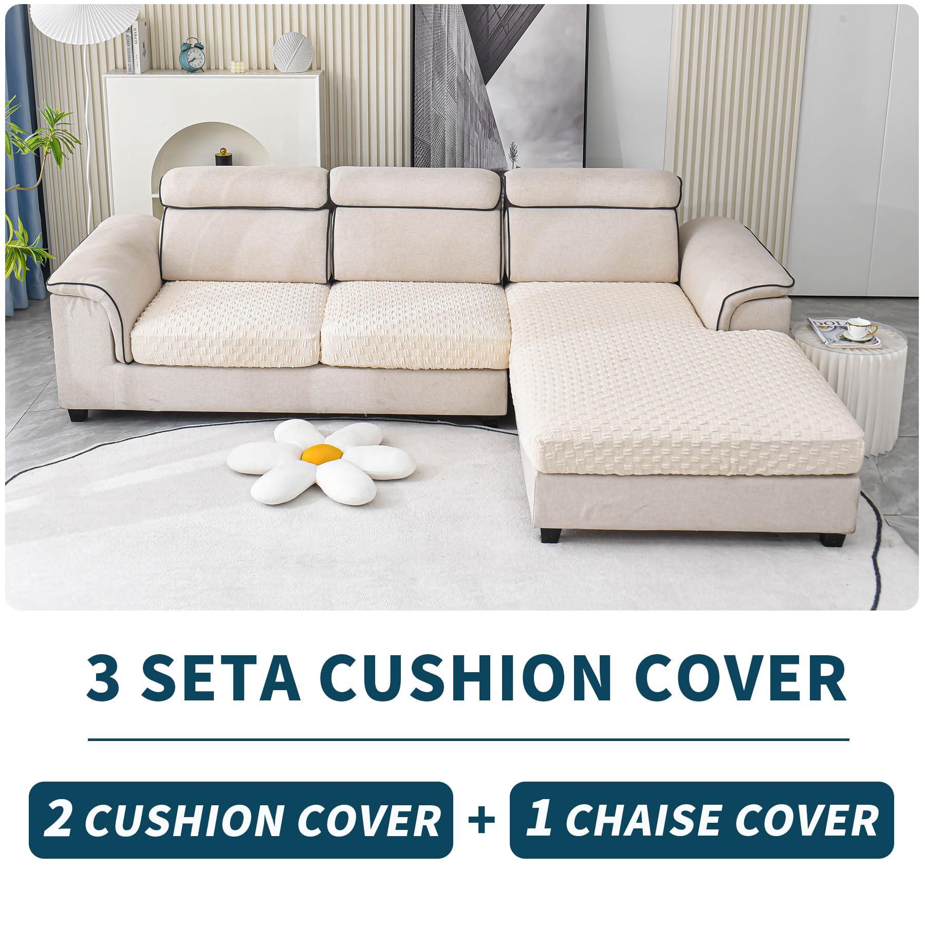 LUFEIJIASHI Sectional Couch Covers L Shape Couch Cushion Covers for Sectional Sofa,Stretch Sectional Sofa Covers Furniture Protector for Pets Dogs 3 Piece (Beige, 2 Seater + 1 Chaise)