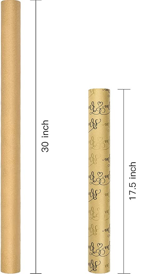 RUSPEPA Kraft Wrapping Paper Roll - Mini Roll - Mr. & Mrs. Pattern Great for Wedding, Anniversary - 17.5 Inches X 32.8 Feet