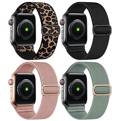 4 Pack Stretchy Solo Loop Bands Compatible for Apple Watch 38mm 40mm 41mm 42mm 44mm 45mm, Adjustable Nylon Elastic Braided Women Men Straps for iWatch Series 8/7/6/SE/5/4 3/2/1(38MM,Leopard)