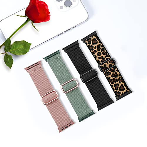 4 Pack Stretchy Solo Loop Bands Compatible for Apple Watch 38mm 40mm 41mm 42mm 44mm 45mm, Adjustable Nylon Elastic Braided Women Men Straps for iWatch Series 8/7/6/SE/5/4 3/2/1(38MM,Leopard)