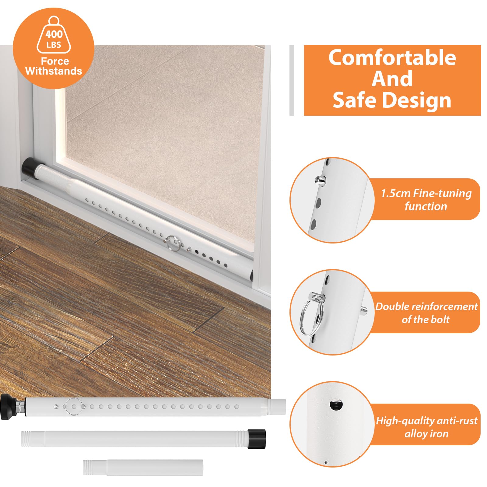 BsBsBest Window Security Bars Inside Adjustable 18 to 51 Inch Sliding Door Security Bar Interior White 1 Pack Window Locks Security up and Down Window Bars Security Extendable