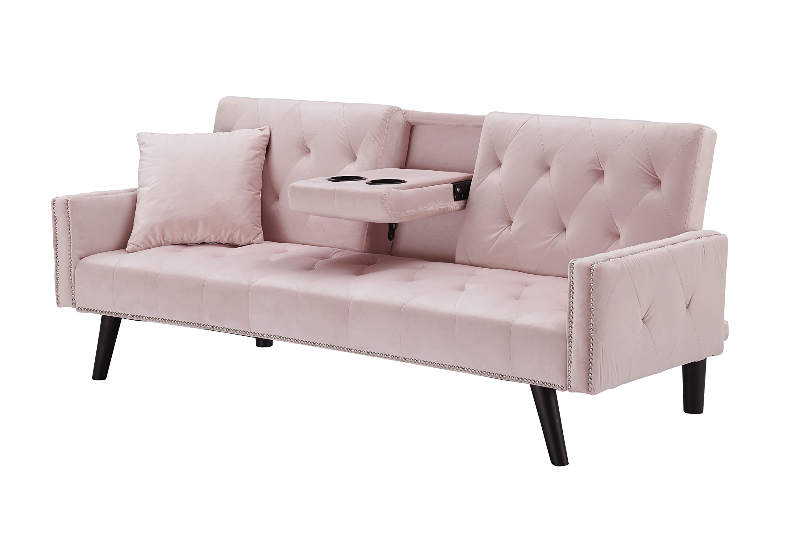 WINWOL Convertible Sofa Bed Products Faux Leather Upholstered Modern Convertible Folding Futon Sofa Bed Foldable Sofa Bed Metal Legs, 2 Cupholders (Pink)