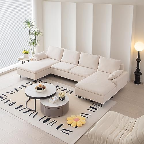 HBRR Modular Sectional Chaises, Oversized U Shaped Couch Linen Fabric Sofa Set, Beige