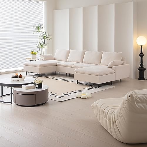 HBRR Modular Sectional Chaises, Oversized U Shaped Couch Linen Fabric Sofa Set, Beige