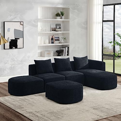L-Shaped Stylish Comfy Sectional Sofa Couch with 2 Single Seats, Right Chaise and Movable Ottomans, Modern DIY Combination Convertible Modular Sofa & Couch Cloud Deep Seater Cozy Sofá for Living Room